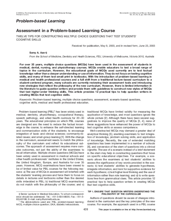 (PDF) Assessment in a problem-based learning course: Twelve tips for constructing multiple ...