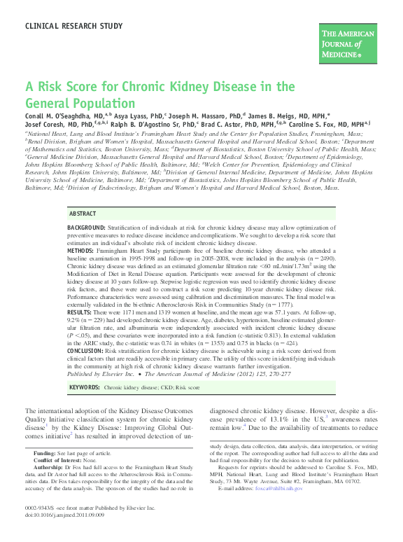 (PDF) A Risk Score for Chronic Kidney Disease in the General Population