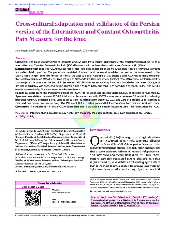 Pdf Cross Cultural Adaptation And Validation Of The Persian Version Of The Intermittent And