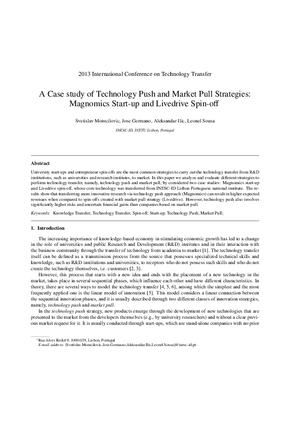 (PDF) A Case study of Technology Push and Market Pull Strategies ...