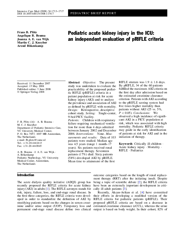 (PDF) Pediatric acute kidney injury in the ICU: an independent ...