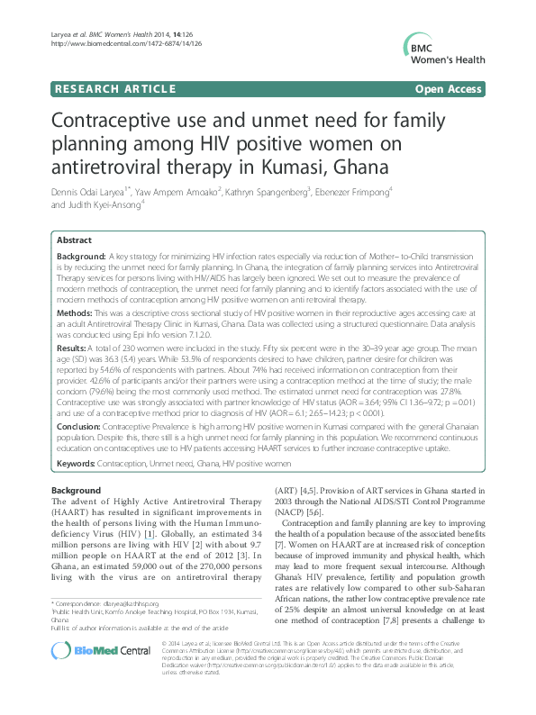 (PDF) Contraceptive use and unmet need for family planning among HIV positive women on ...
