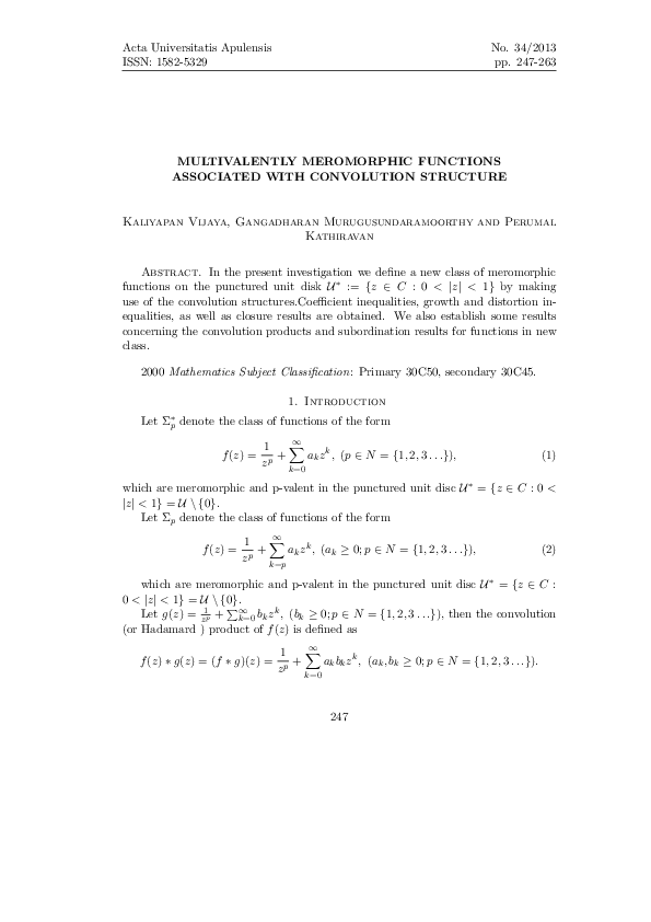 (PDF) MULTIVALENTLY MEROMORPHIC FUNCTIONS ASSOCIATED WITH CONVOLUTION STRUCTURE | Kathiravan ...