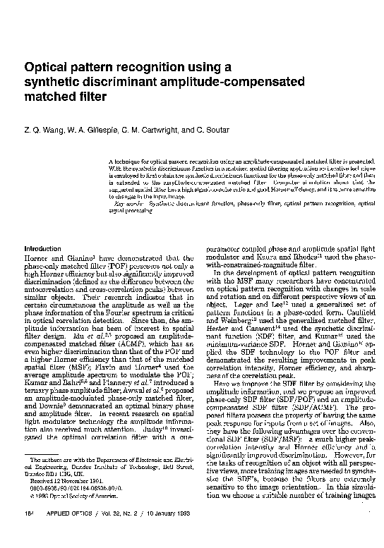 (PDF) Optical pattern recognition using a synthetic discriminant amplitude-compensated matched ...