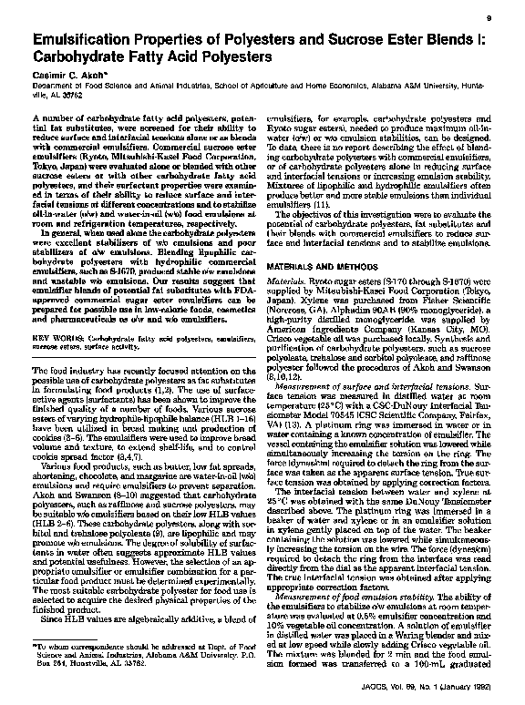 (PDF) Emulsification Properties of Polyesters and Sucrose Ester Blends ...