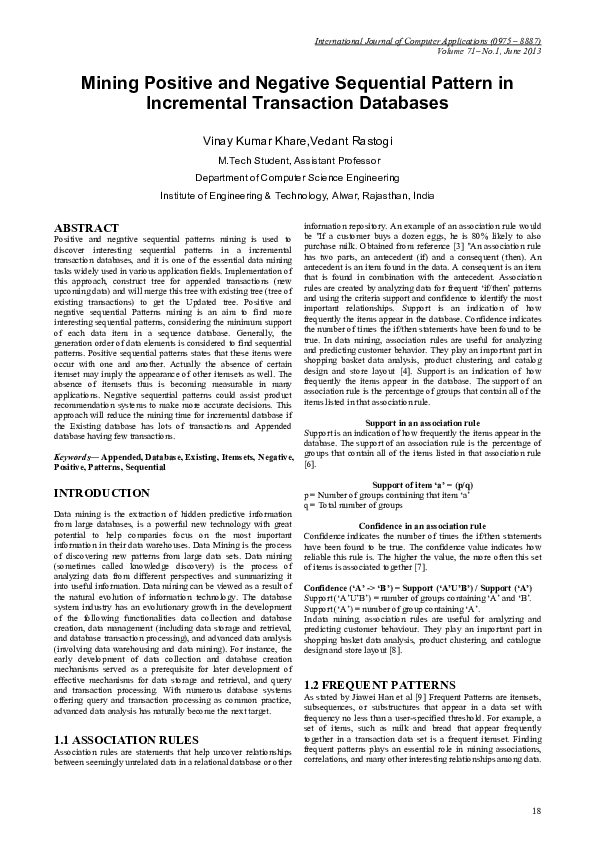 Pdf Mining Positive And Negative Sequential Pattern In Incremental Transaction Databases