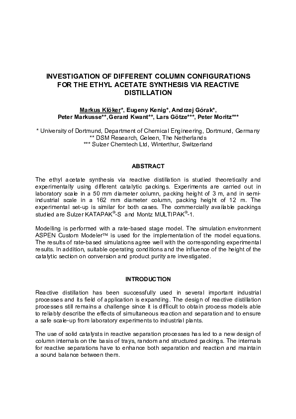 Pdf Investigation Of Different Column Configurations For The Ethyl Acetate Synthesis Via