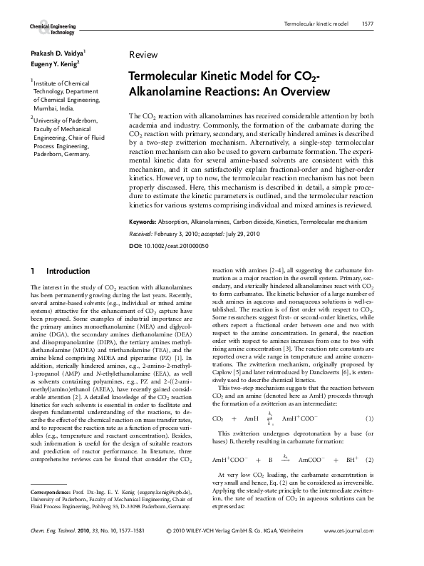 (PDF) Termolecular Kinetic Model for CO2-Alkanolamine Reactions: An ...