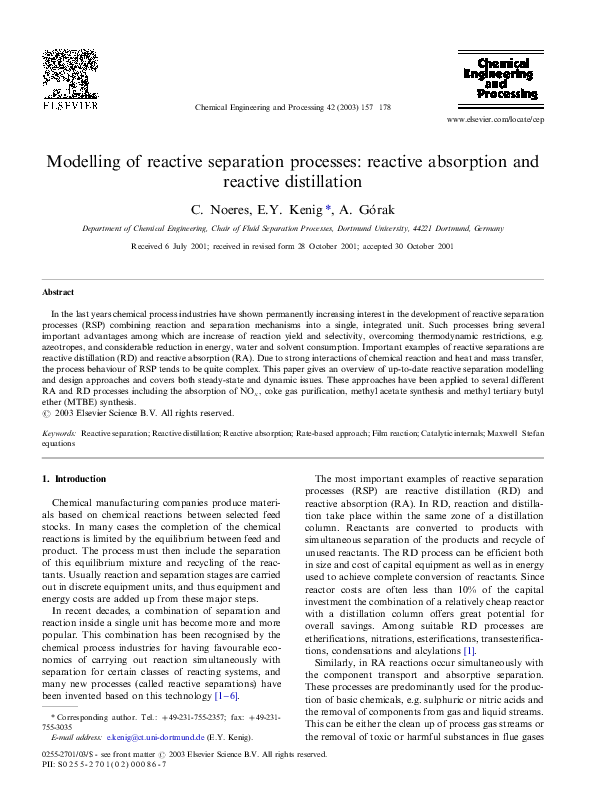 Pdf Modelling Of Reactive Separation Processes Reactive Absorption