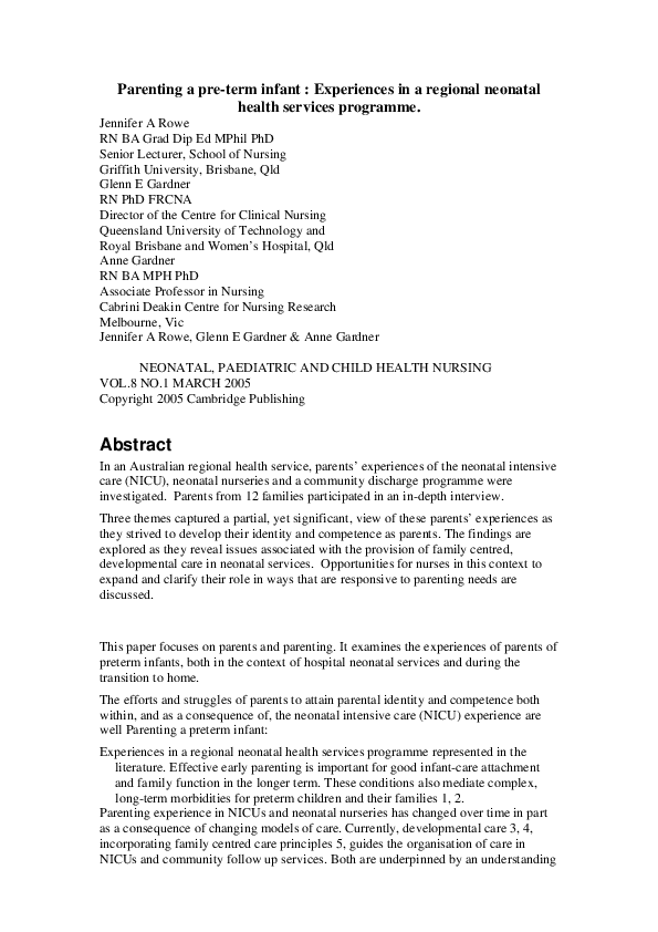 (PDF) Parenting a pre-term infant: Experiences in a regional neonatal ...