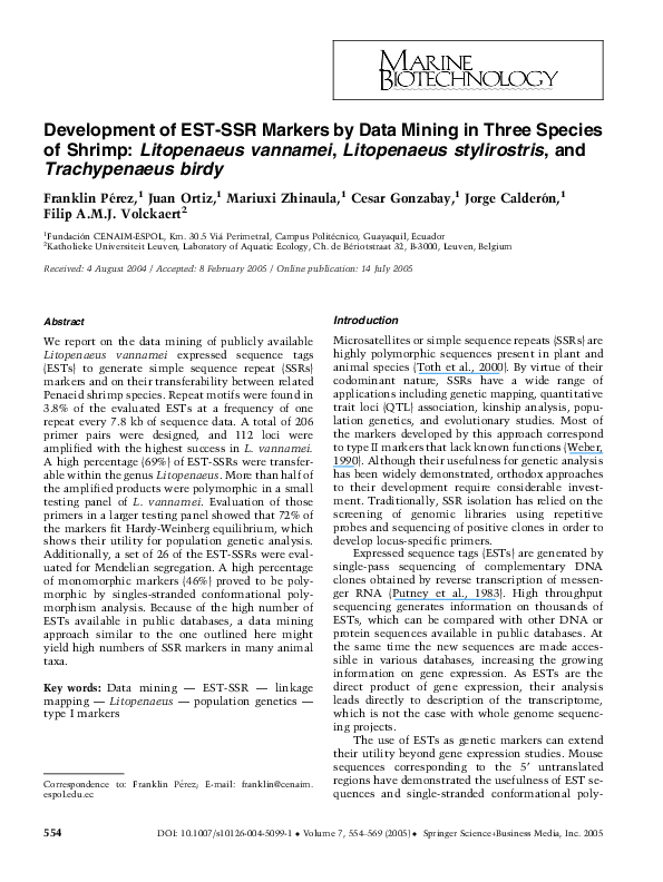 (PDF) Development of EST-SSR markers by data mining in three species of shrimp: Litopenaeus ...