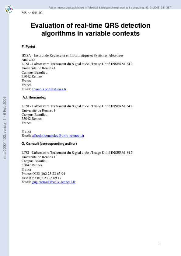 Pdf Evaluation Of Real Time Qrs Detection Algorithms In Variable Contexts