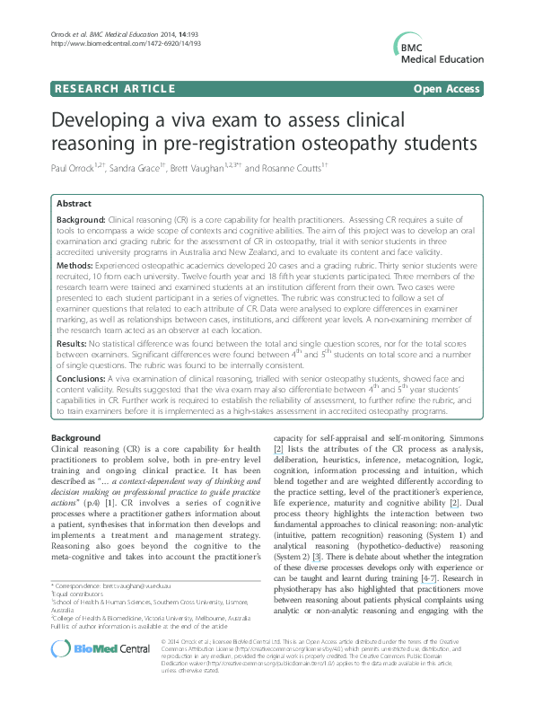 (PDF) Developing a viva exam to assess clinical reasoning in pre ...