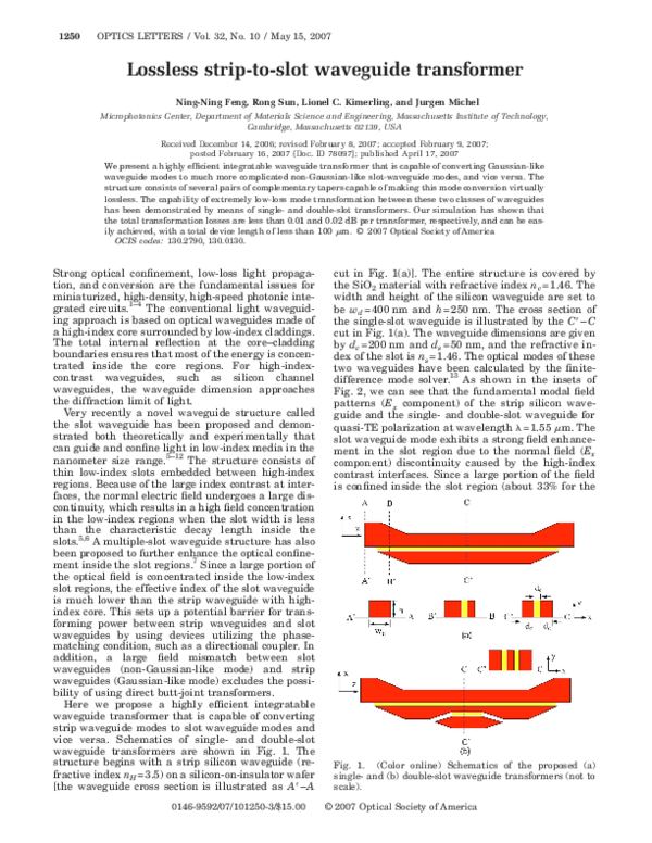 (PDF) Lossless strip-to-slot waveguide transformer