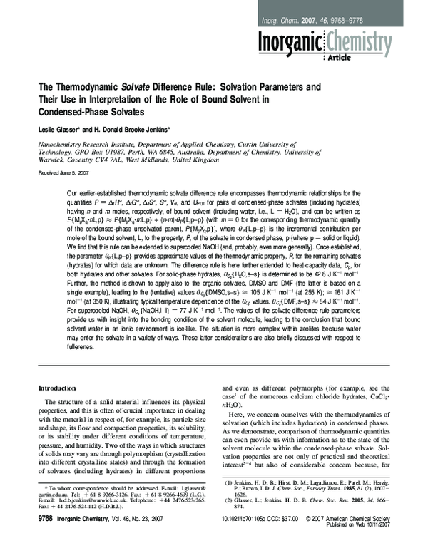 (PDF) The Thermodynamic Solvate Difference Rule: Solvation Parameters ...