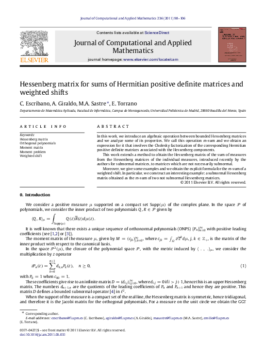 (PDF) Hessenberg matrix for sums of Hermitian positive definite matrices and weighted shifts