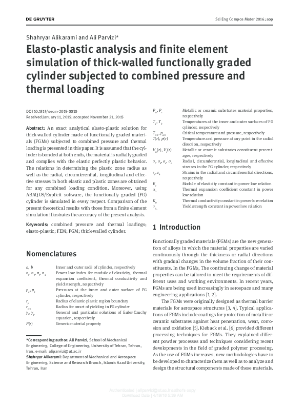 Pdf Elasto Plastic Analysis And Finite Element Simulation Of Thick Walled Functionally Graded