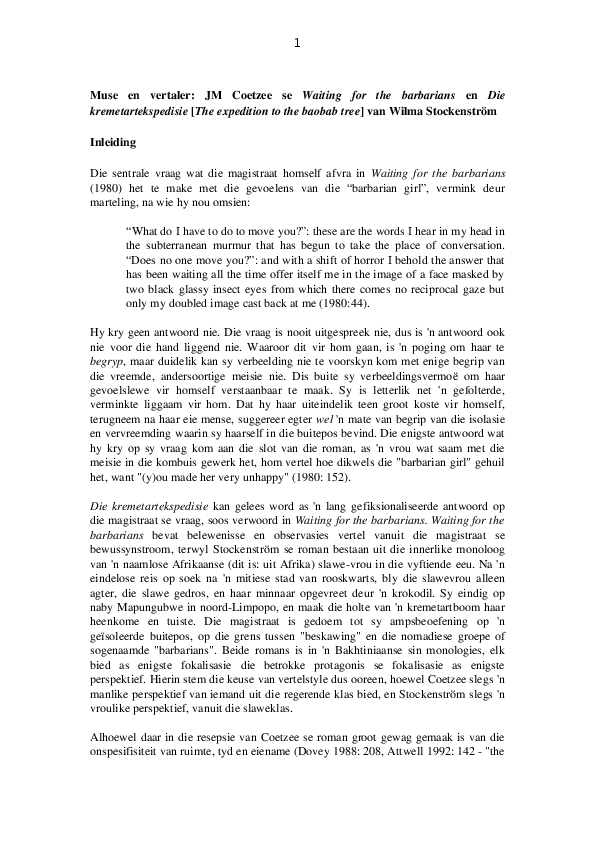 (DOC) JM Coetzee & Wilma Stockenström "Muse en vertaler: Waiting for ...