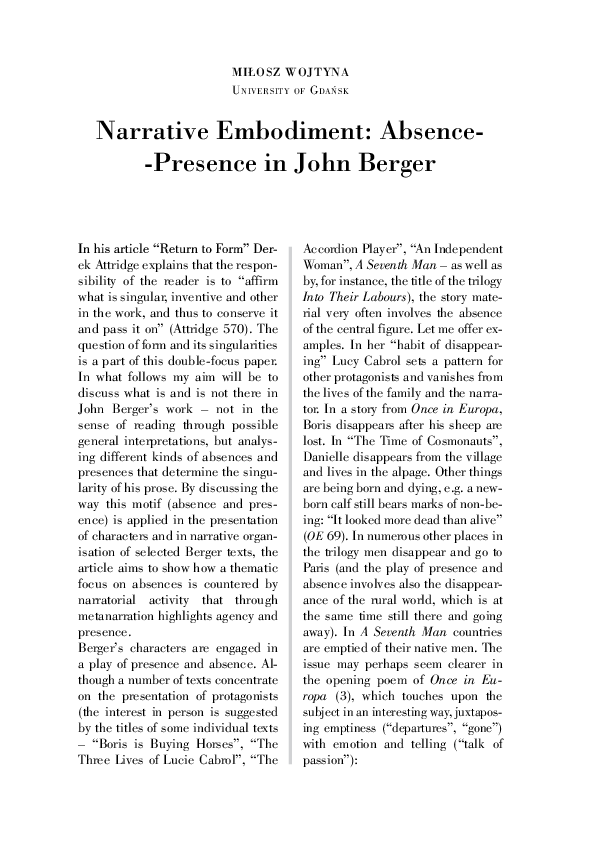 (PDF) Narrative Embodiment - Absence-Presence in John Berger