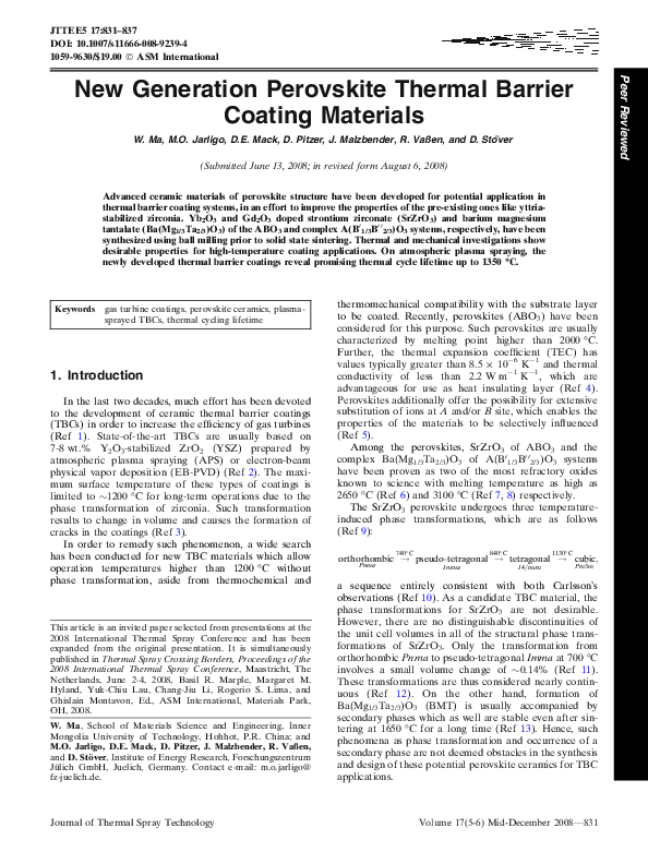 (PDF) New Generation Perovskite Thermal Barrier Coating Materials