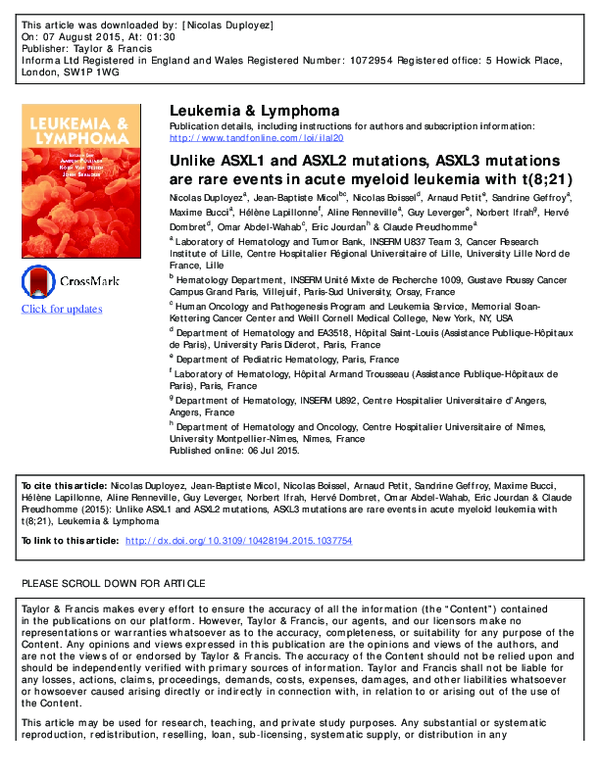(PDF) Unlike ASXL1 and ASXL2 mutations, ASXL3 mutations are rare events in acute myeloid ...
