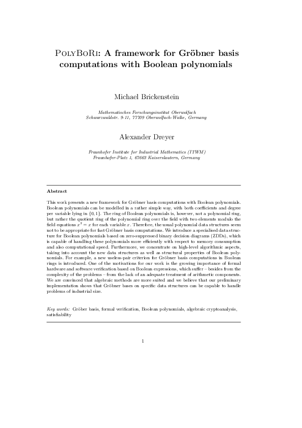 (PDF) PolyBoRi: A framework for Gröbner-basis computations with Boolean polynomials