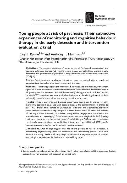 (PDF) Young people at risk of psychosis: Their subjective experiences of monitoring and ...