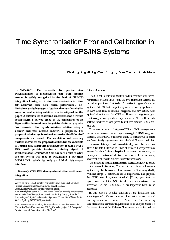 (PDF) Time Synchronization Error and Calibration in Integrated GPS/INS Systems