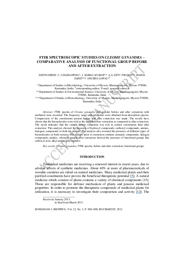 (PDF) Ftir Spectroscopic Studies on Cleome Gynandra – Comparative ...