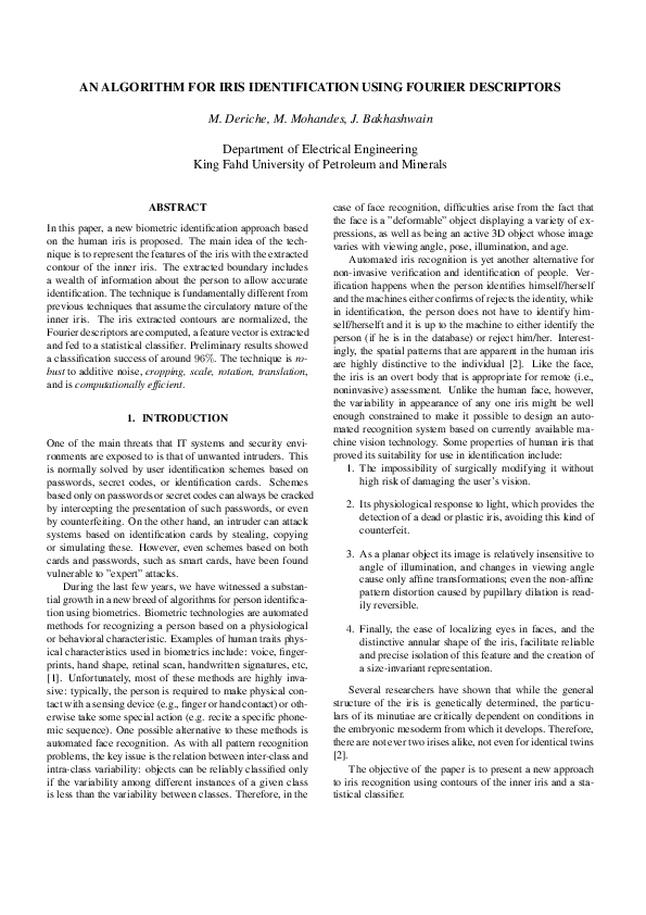 Pdf An Algorithm For Iris Identification Using Fourier Descriptors