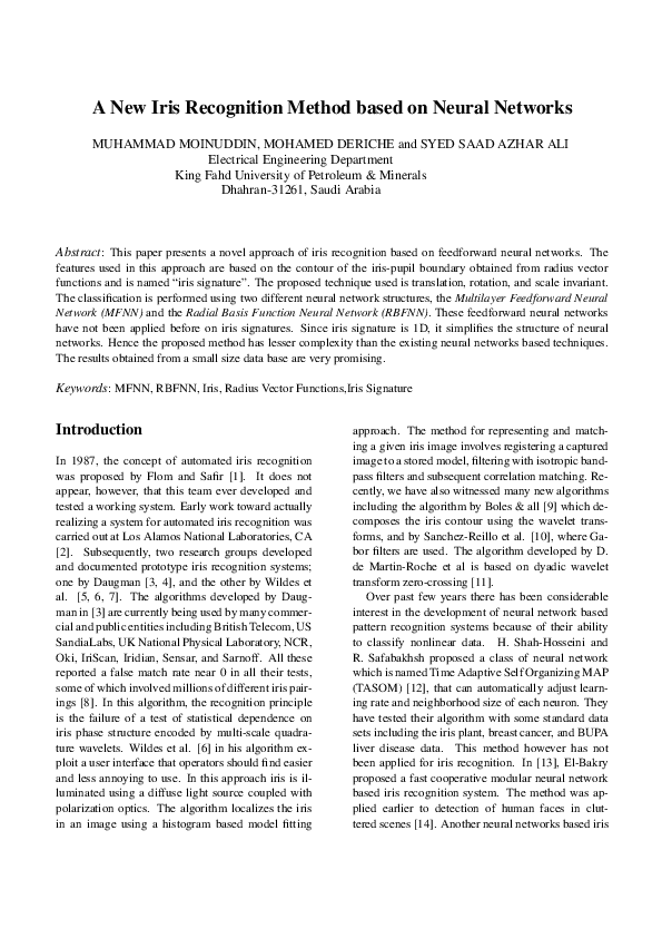 Pdf A New Iris Recognition Method Based On Neural Networks