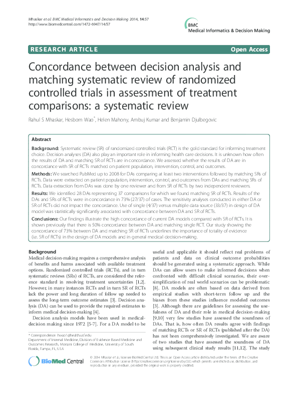 (PDF) Concordance between decision analysis and matching systematic ...