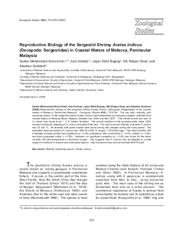 (PDF) Reproductive Biology of the Sergestid Shrimp Acetes Indicus ...