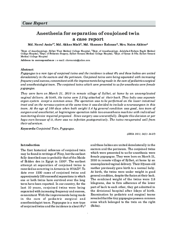 (PDF) Anesthesia for separation of conjoined twin a case report | Md ...