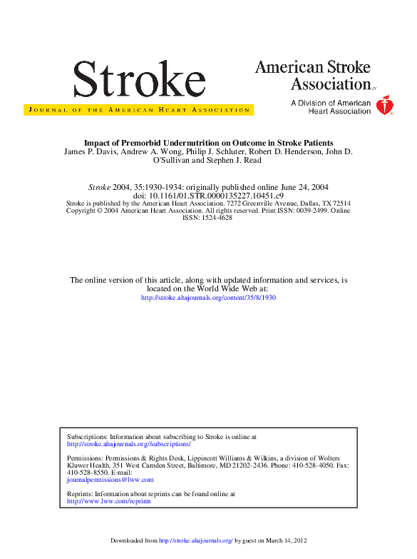 (PDF) Impact of Premorbid Undernutrition on Outcome in Stroke Patients