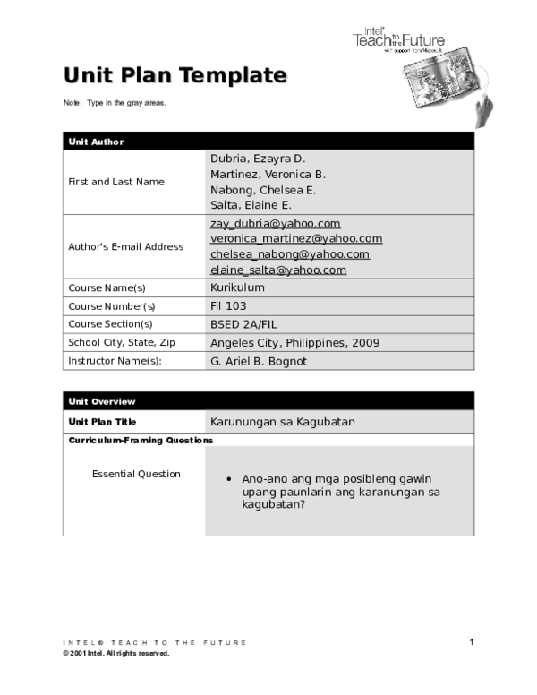 (DOC) Unit Plan Template "Kagubatan"
