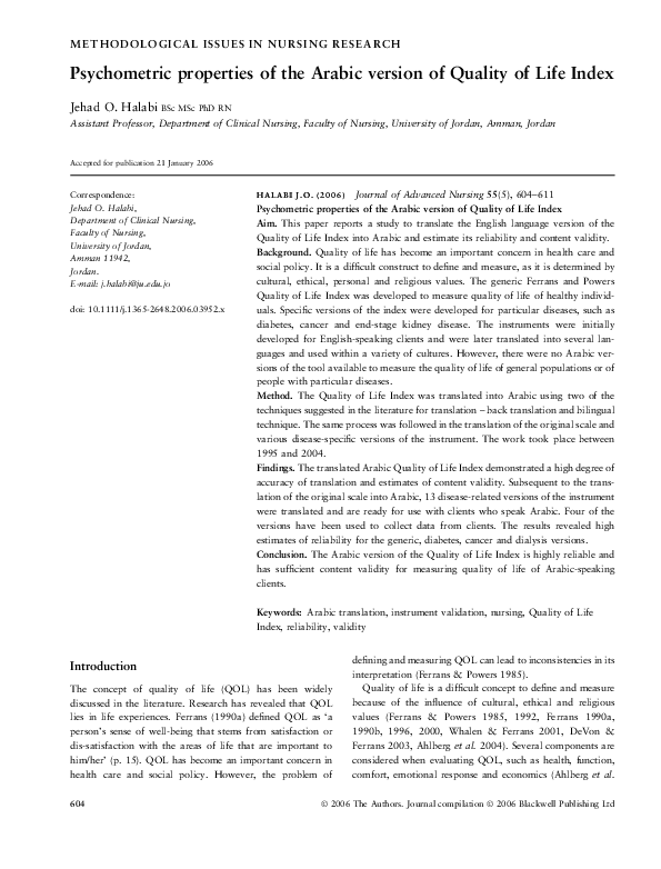 (PDF) Psychometric properties of the Arabic version of Quality of Life Index
