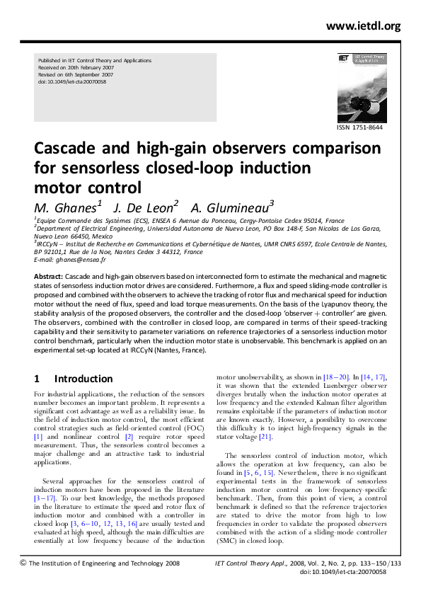 Pdf Cascade And High Gain Observers Comparison For Sensorless Closed Loop Induction Motor Control