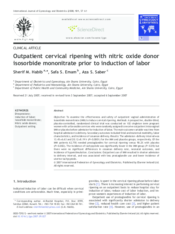(PDF) Outpatient cervical ripening with nitric oxide donor isosorbide ...