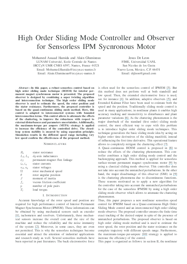 (PDF) High order sliding mode controller and observer for sensorless IPM sycnronous motor