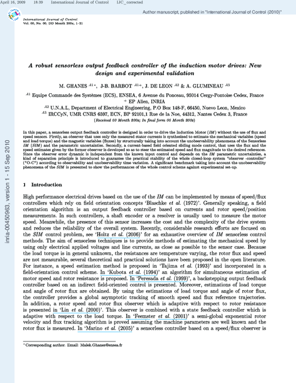 Pdf A Robust Sensorless Output Feedback Controller Of The Induction Motor Drives New Design