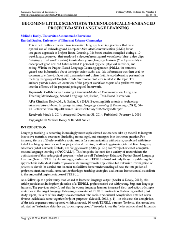 (PDF) Becoming Little Scientists: Technologically-enhanced Project-based Language Learning
