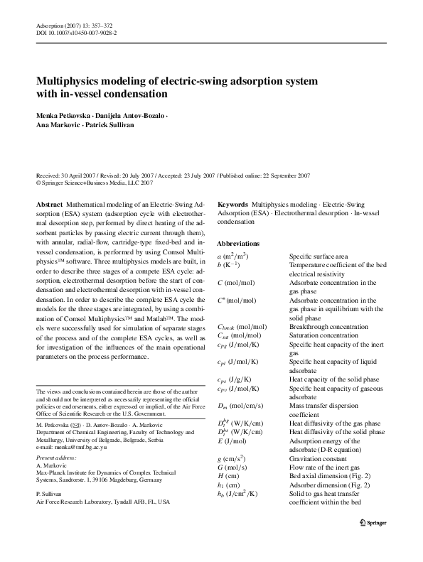 (PDF) Multiphysics modeling of electric-swing adsorption system with in-vessel condensation