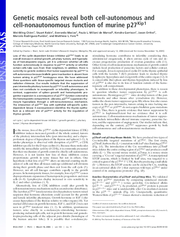 (PDF) Genetic mosaics reveal both cell-autonomous and cell-nonautonomous function of murine p27Kip1