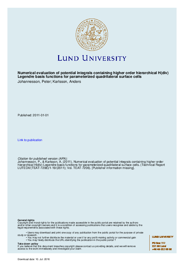 (PDF) Numerical evaluation of potential integrals containing higher order hierarchical H (div ...