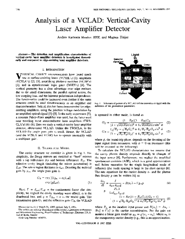 (PDF) Analysis of a VCLAD: vertical-cavity laser amplifier detector