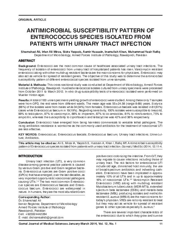 (PDF) Prevalence of Enterococcus faecalis mediated UTI and its current ...