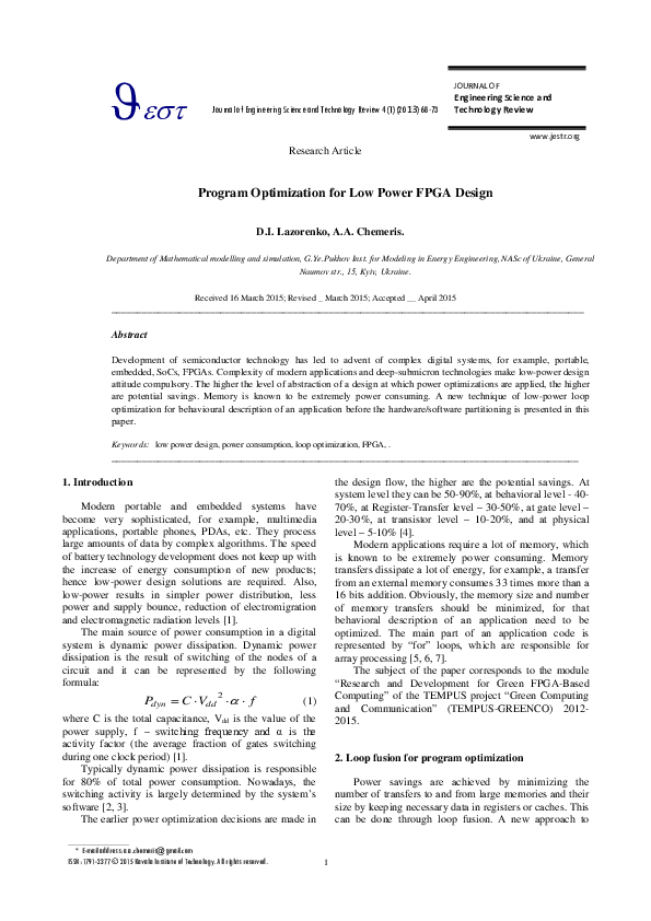 (PDF) Program Optimization for Low Power FPGA Design