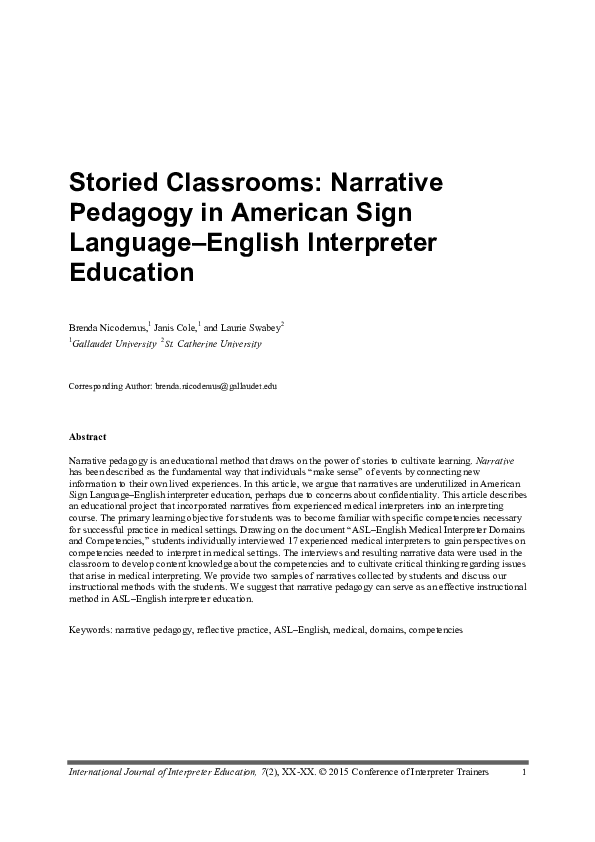 (PDF) Storied classrooms: Narrative pedagogy in American Sign Language ...