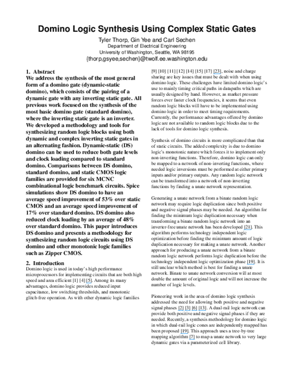 Pdf Domino Logic Synthesis Using Complex Static Gates